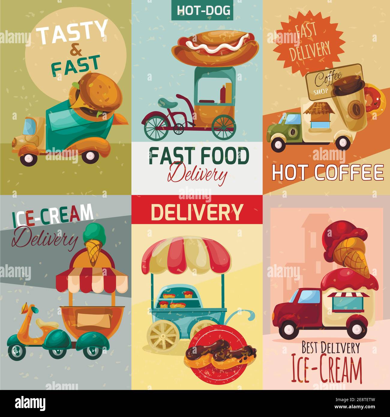 Fast food delivery trucks mini posters set isolated vector illustration ...