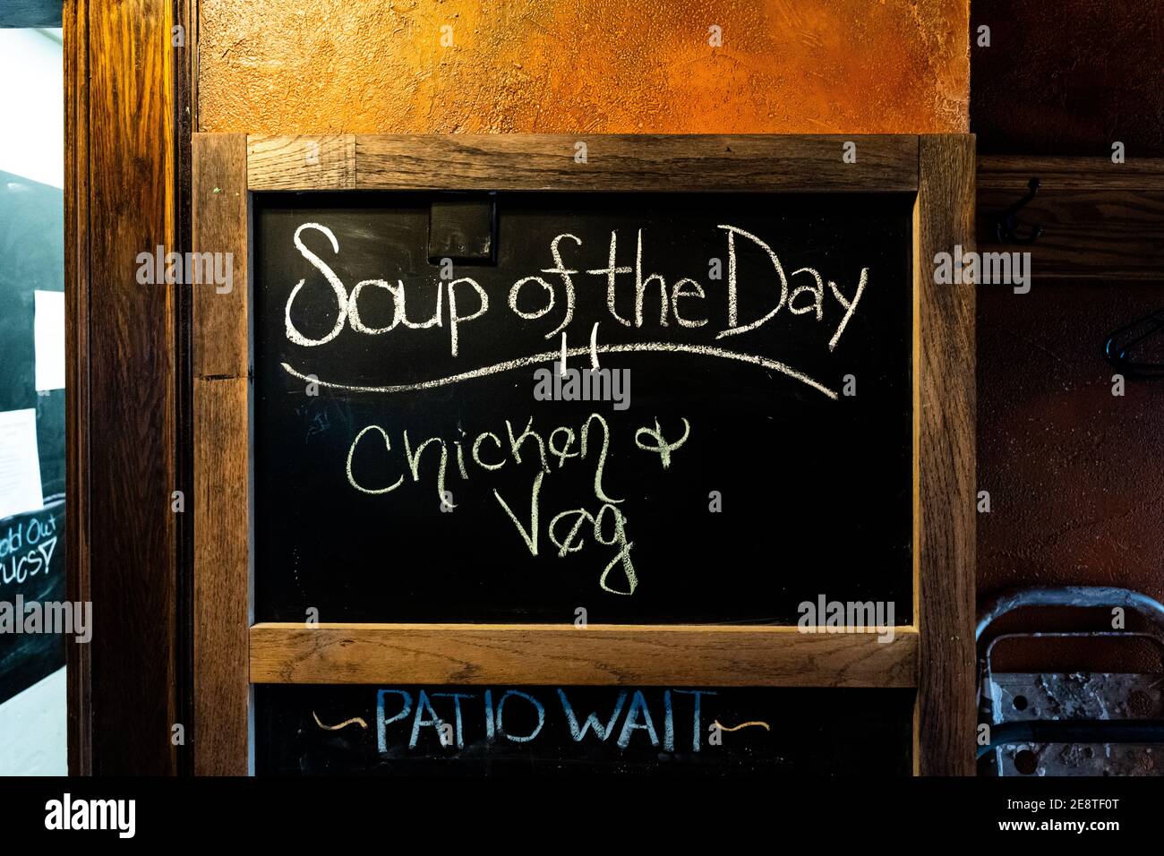 Soup of the day sign at restaurant, black board and white chalk, canada ...