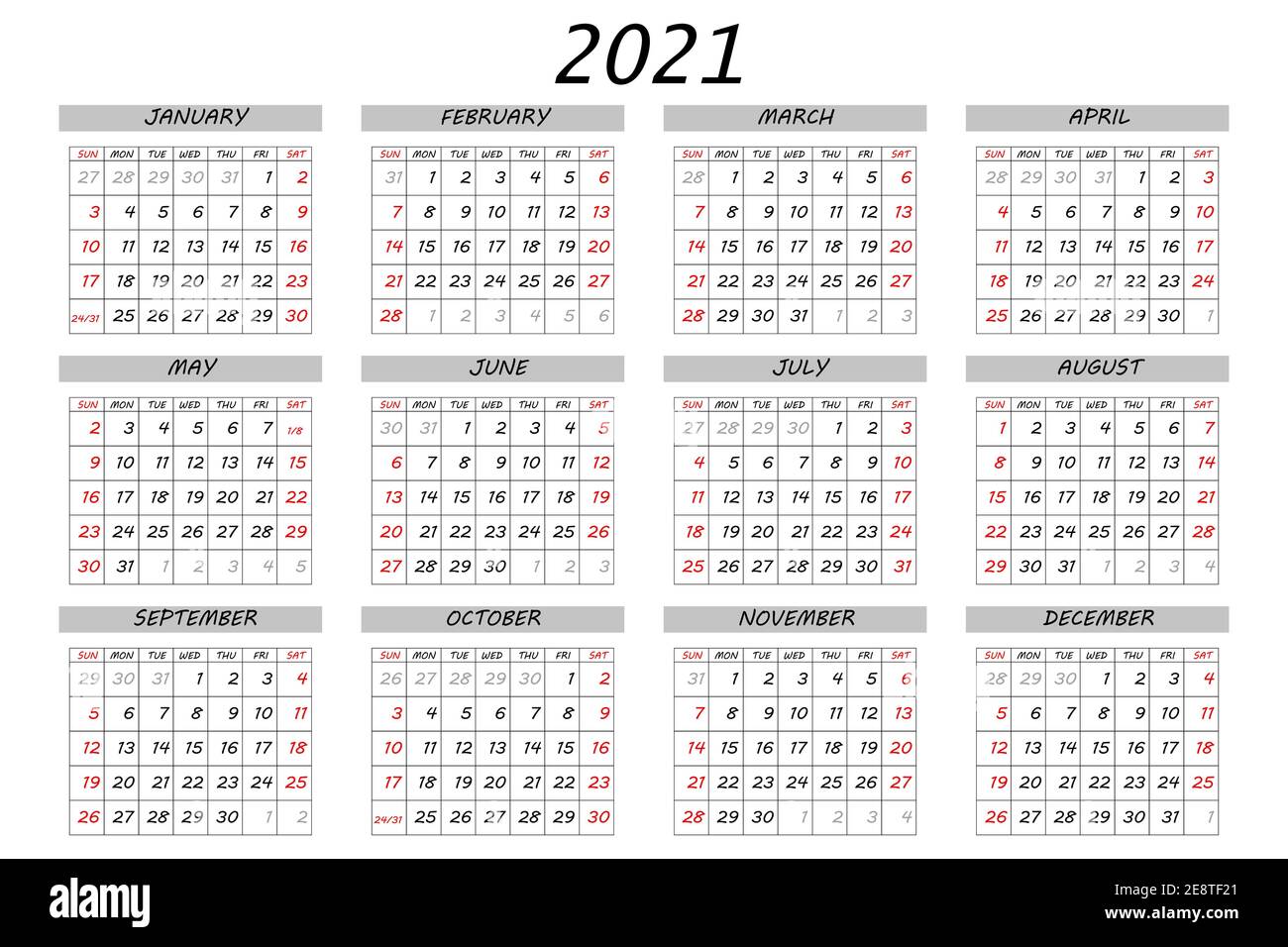 2021 calendar planner. Corporate week. Template layout, 12 months ...