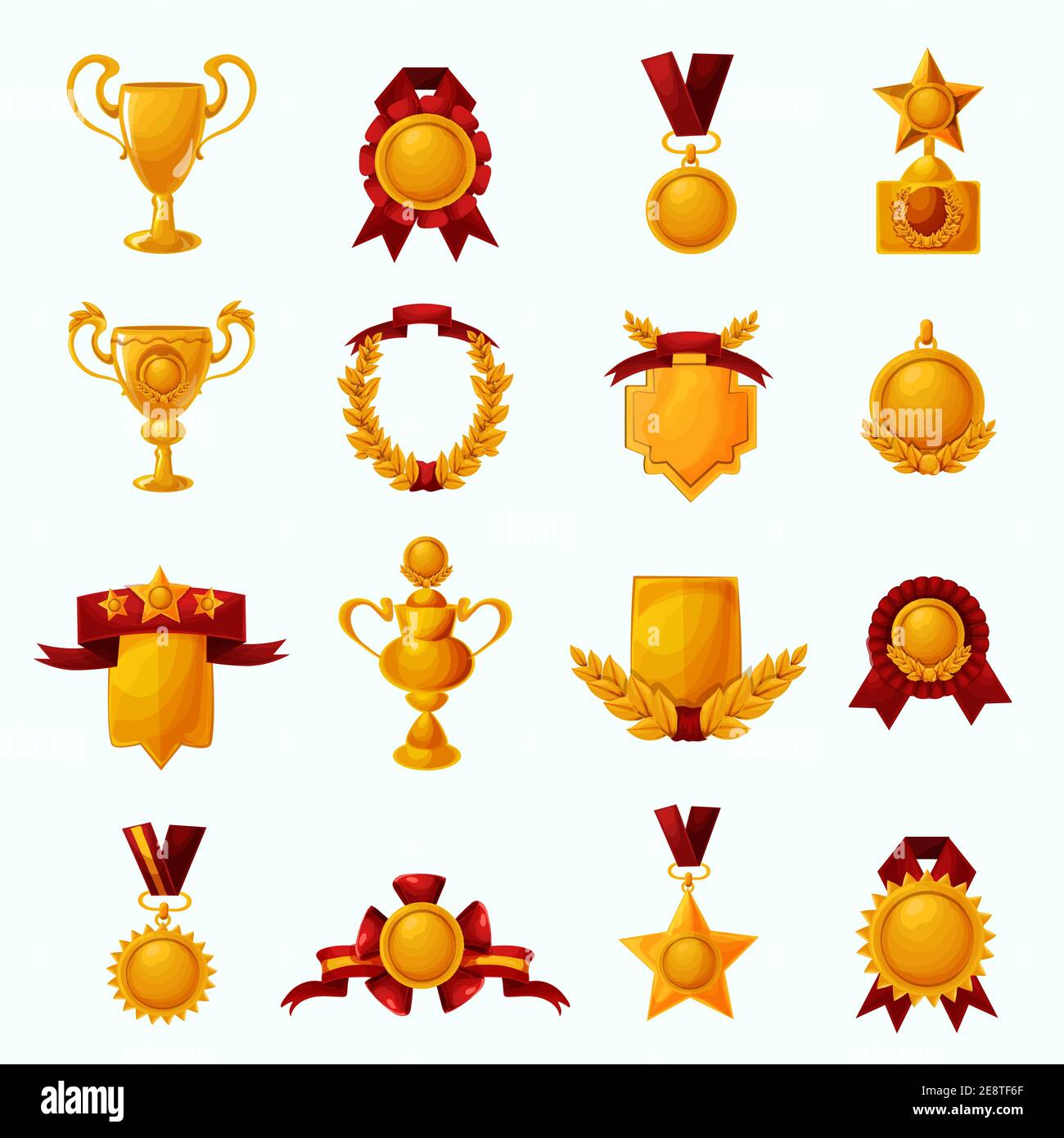 Golden award cups and champion shields with ribbons cartoon icons set ...