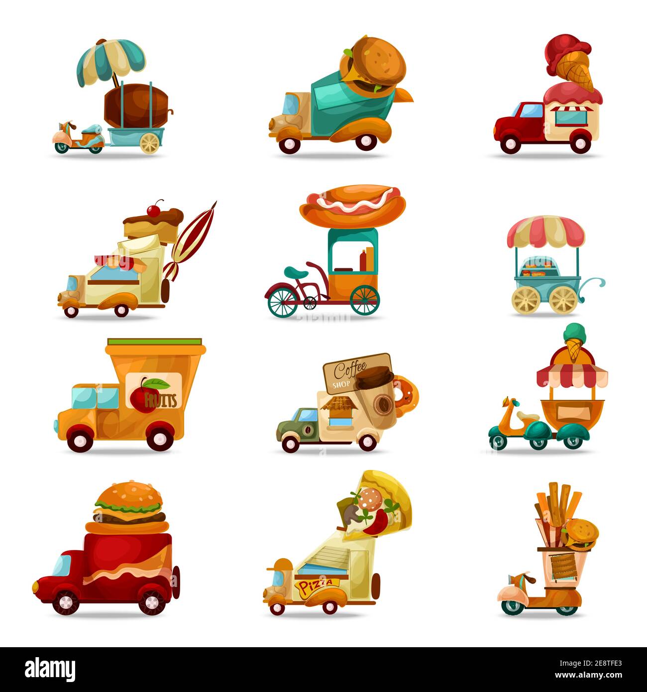 Mobile food stores and delivery trucks cartoon set isolated vector ...