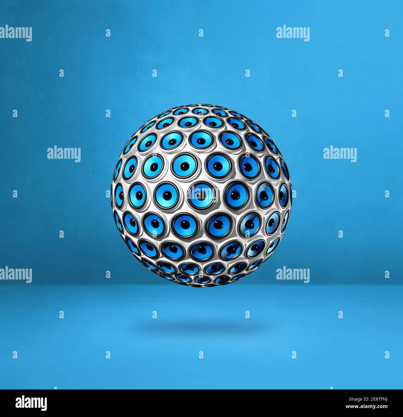 Speakers sphere isolated on a blue studio background. 3D illustration ...