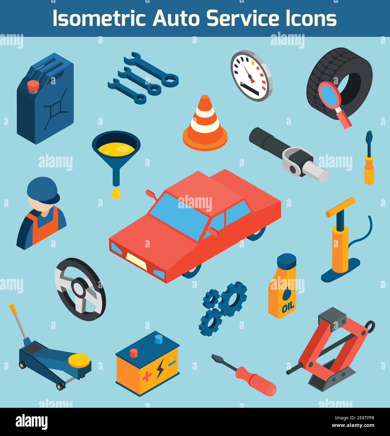 Auto service tools consumables and spare parts isometric icons set ...