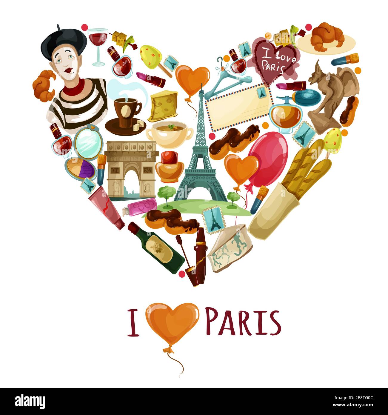 Paris poster with cartoon touristic symbols in heart shape vector ...