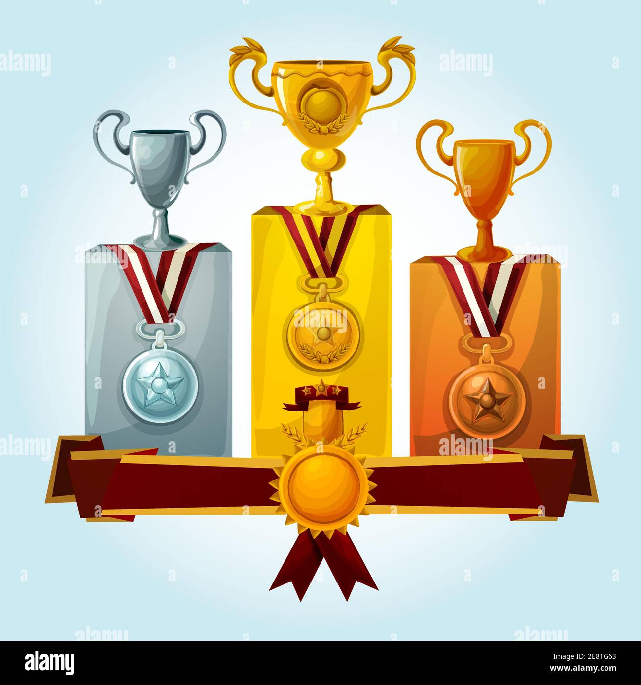 Golden cups and medal trophies on winners podium cartoon vector ...