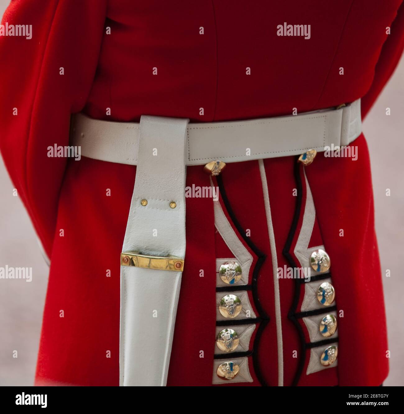 British ceremonial guardsmen with red tunics and bearskin hats parading ...