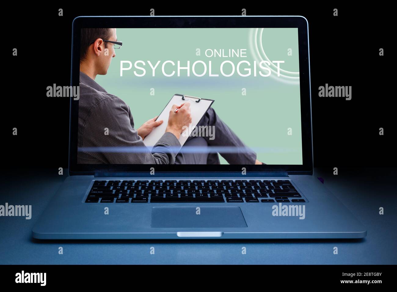 Video Conferencing With psychologist On Laptop Over Wooden Desk Stock ...
