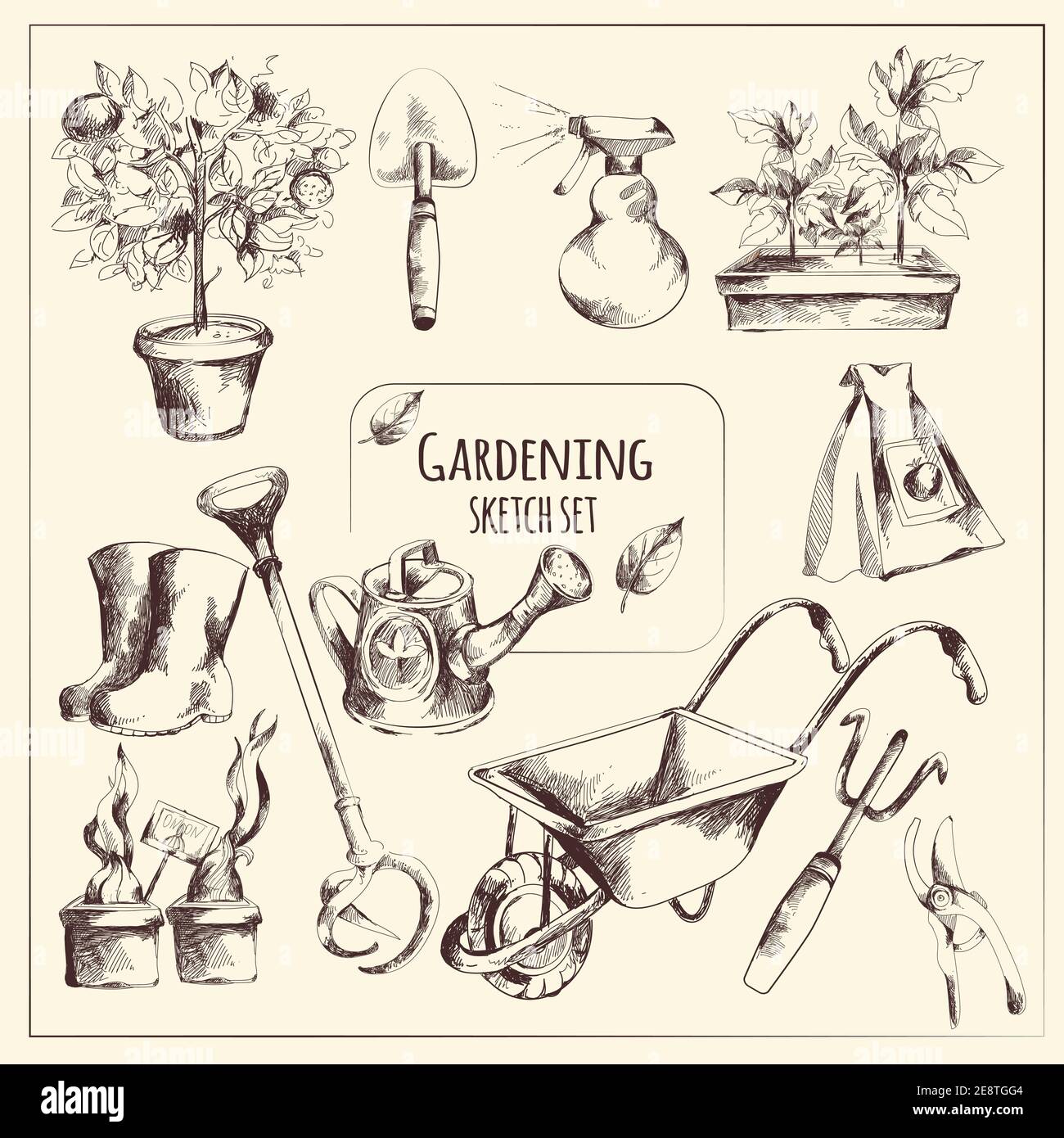 Gardening instruments sketch set with seeds flowerpot fork isolated ...