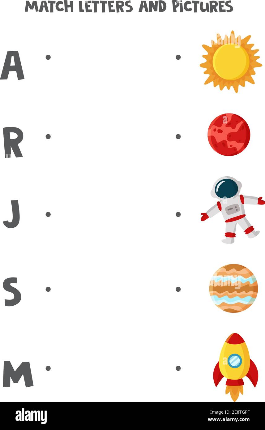 Match planets, rocket, sun and astronaut with alphabet letters ...