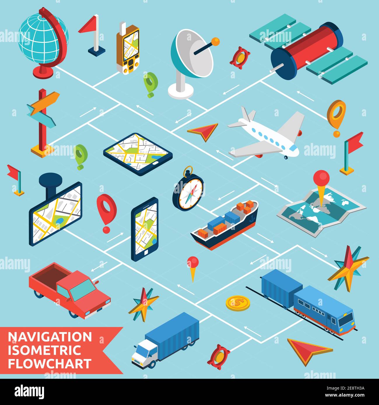 Decorative navigation isometric flowchart design with transport real ...
