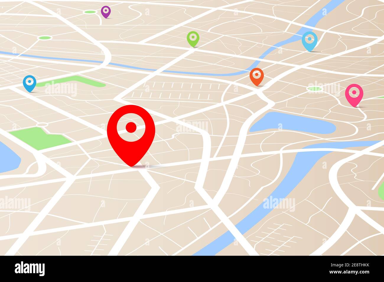 3D top view of a map with destination location point, Aerial clean top ...