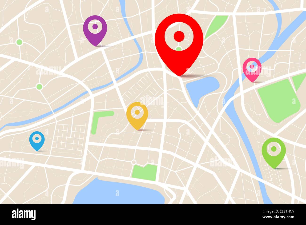 3D top view of a map with destination location point, Aerial clean top ...