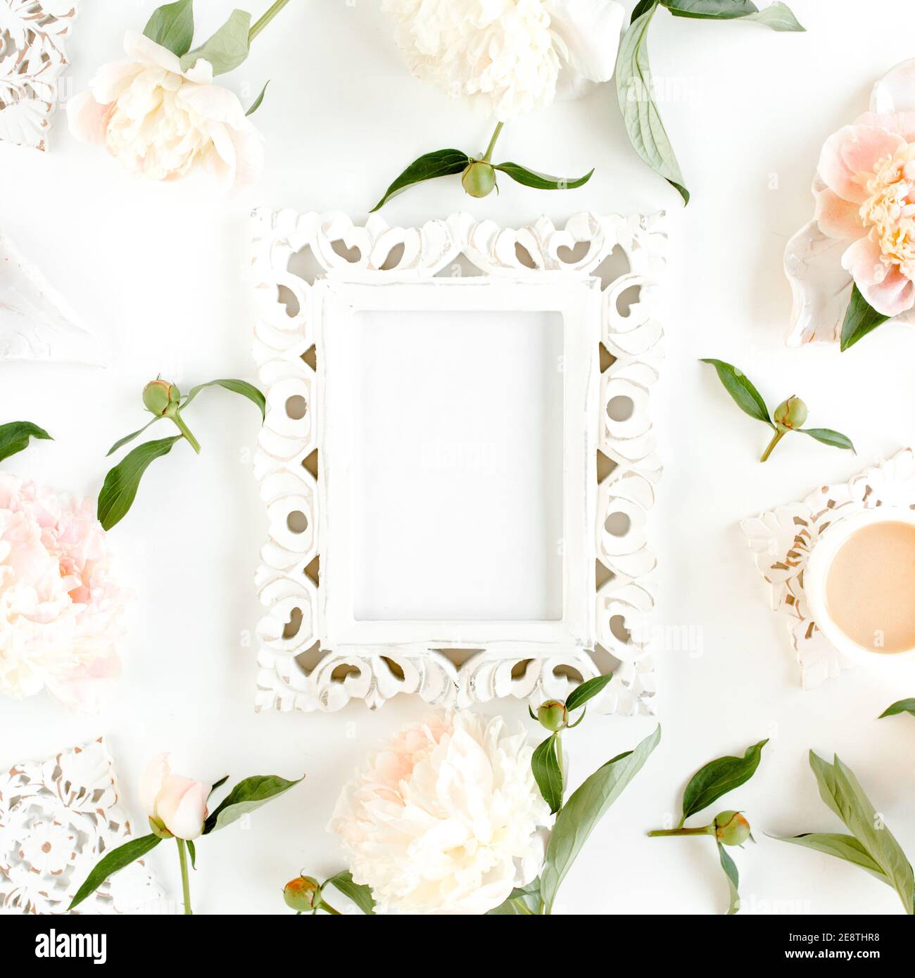 Carved, white frame decorated of beautiful pink peonies on white ...