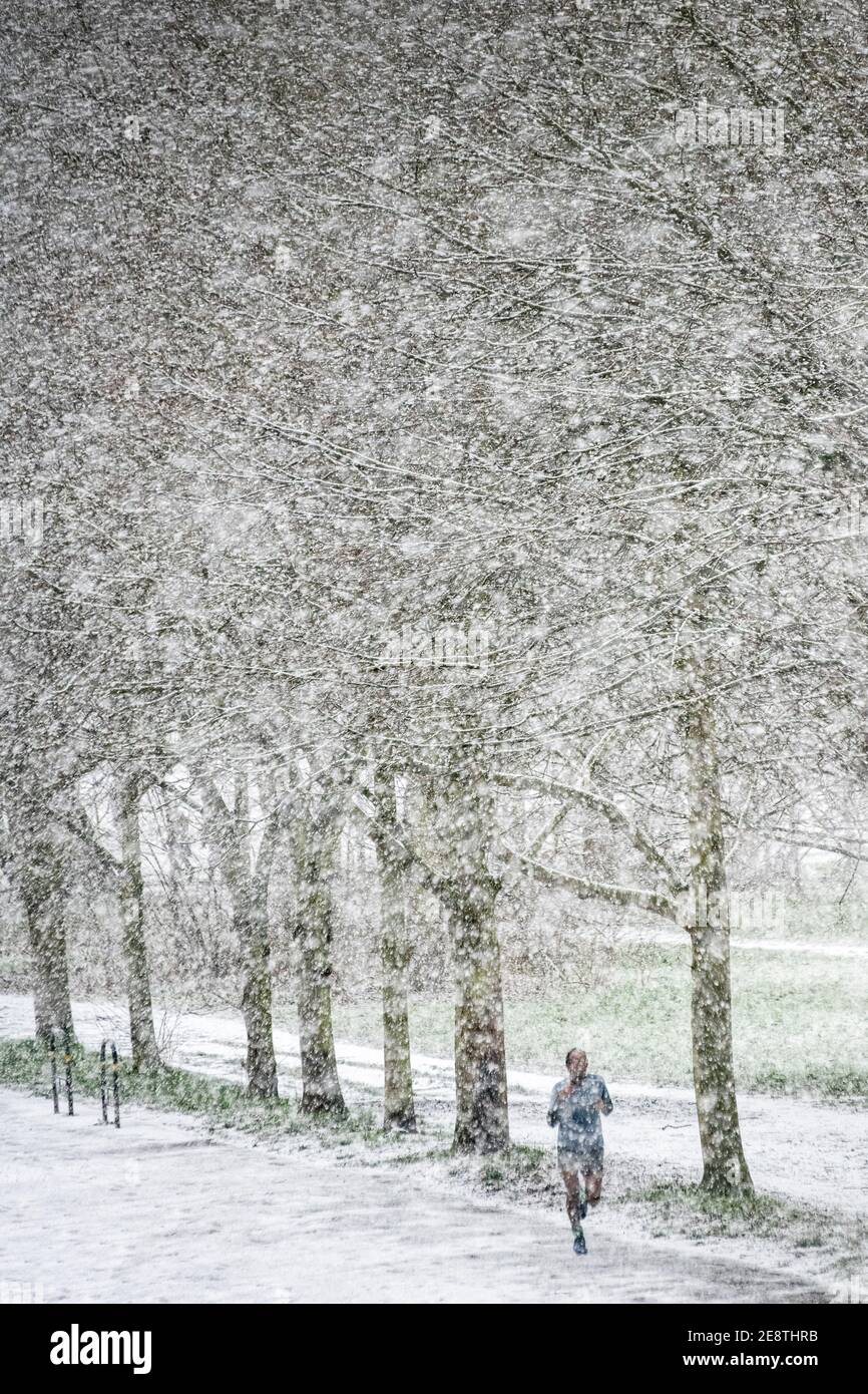 Running in heavy snowfall Stock Photo - Alamy
