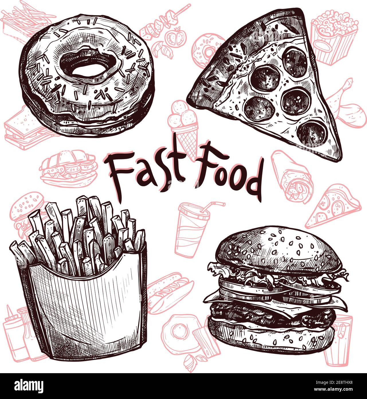 A lot of fast food and drinks sketch set vector illustration Stock ...