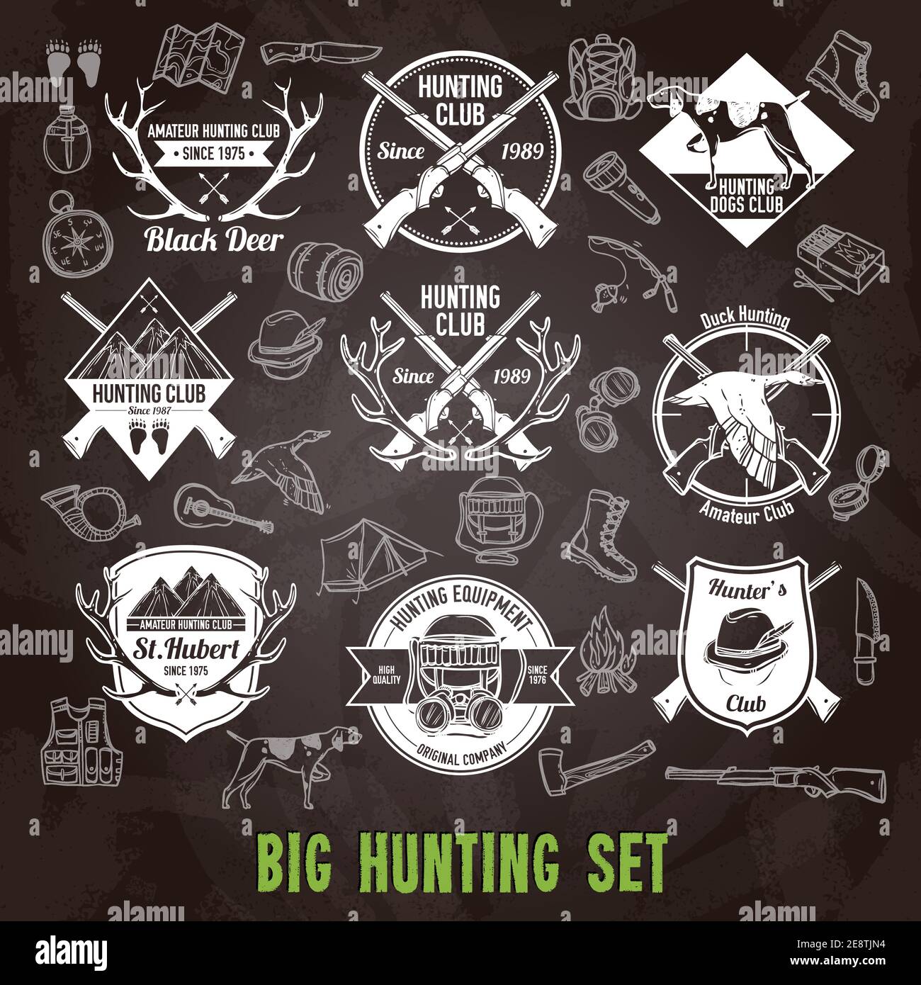 Hunting club labels and icons chalkboard set isolated vector ...