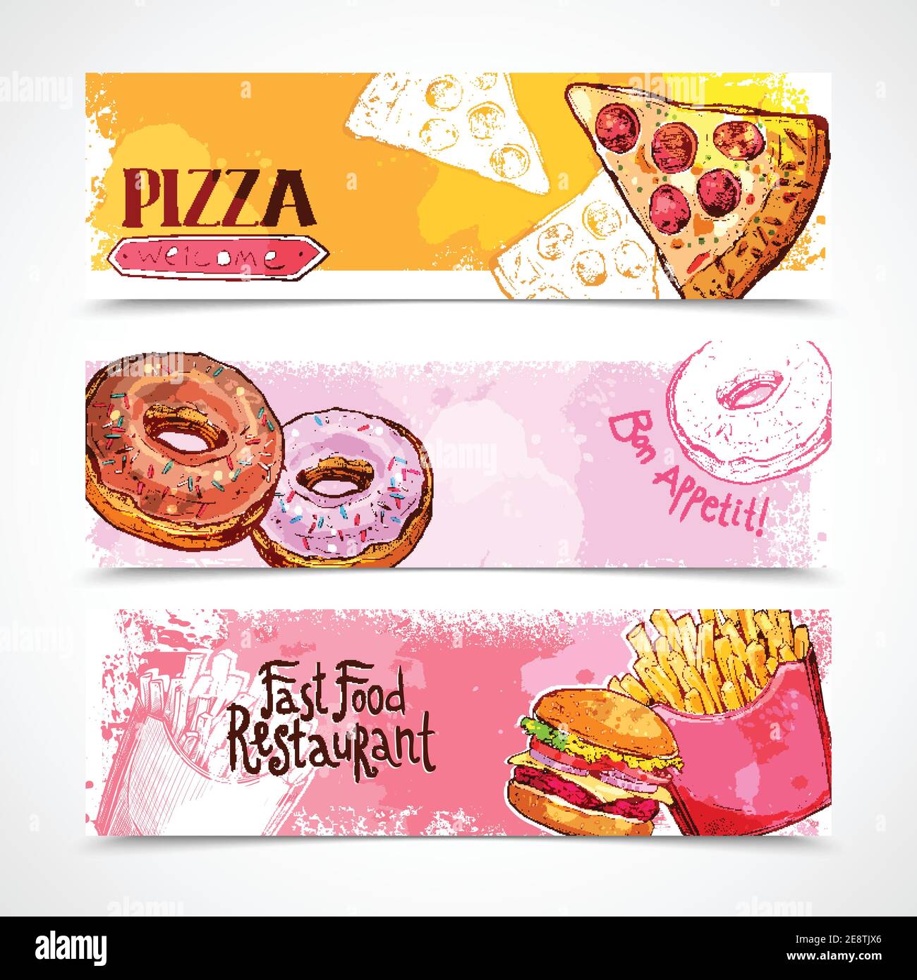 Fast food horizontal banners set with hand drawn donut pizza and ...