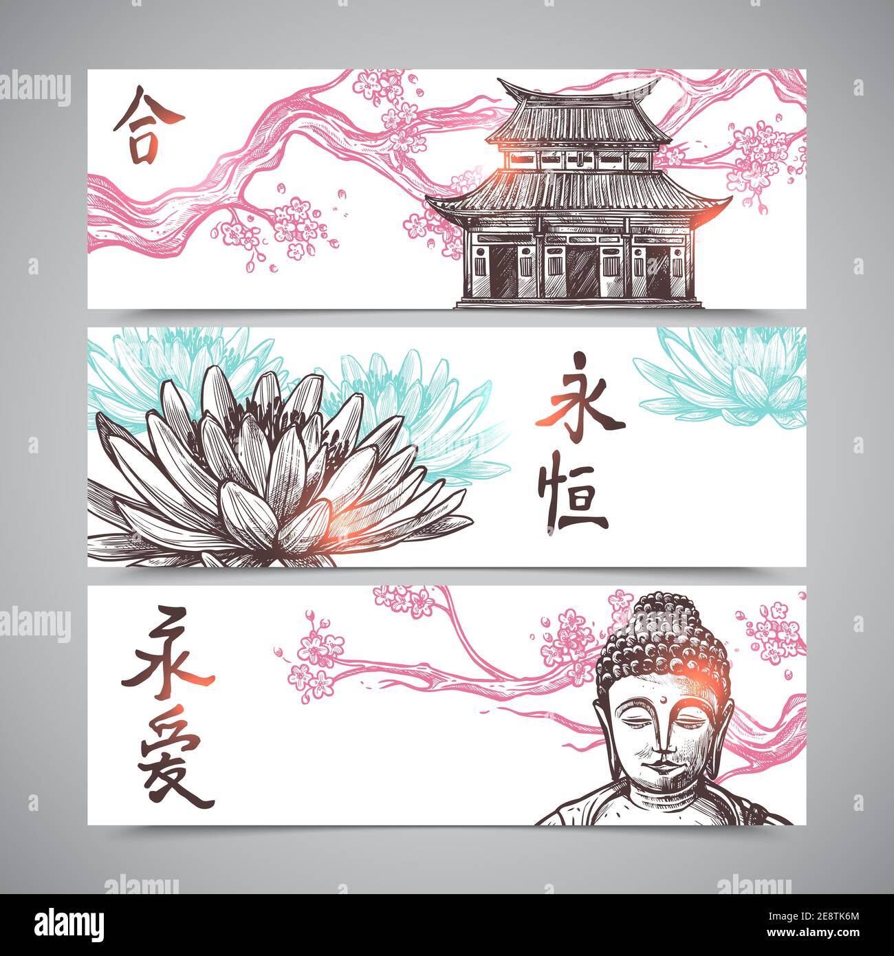 Asian horizontal banners set with hand drawn sakura branch and buddha ...