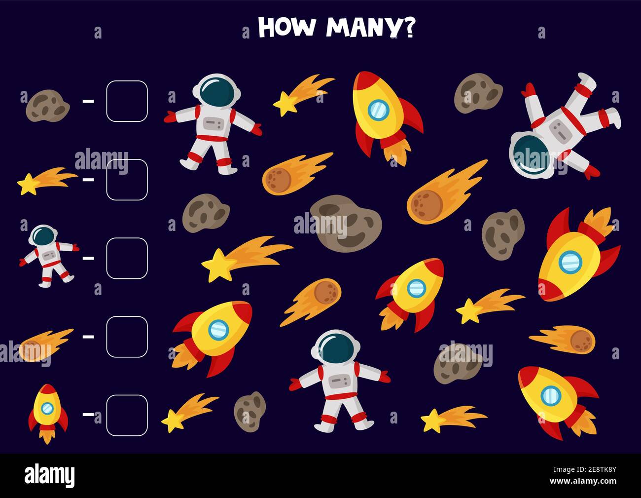 Count all space elements and write the correct number into box. I spy ...