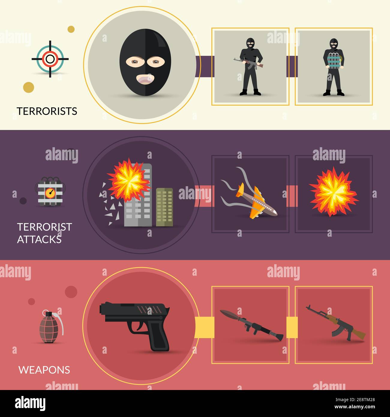 Terrorism horizontal banners set with terrorist weapons and attacks ...