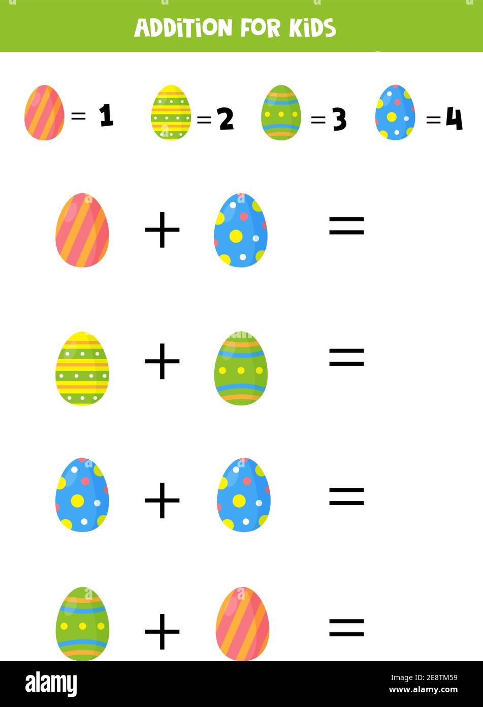 Addition game with cute cartoon Easter eggs. Math game for kids Stock ...