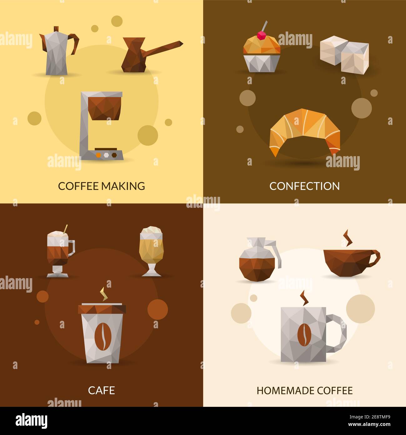 Coffee making and confectionery polygonal icon set isolated vector ...