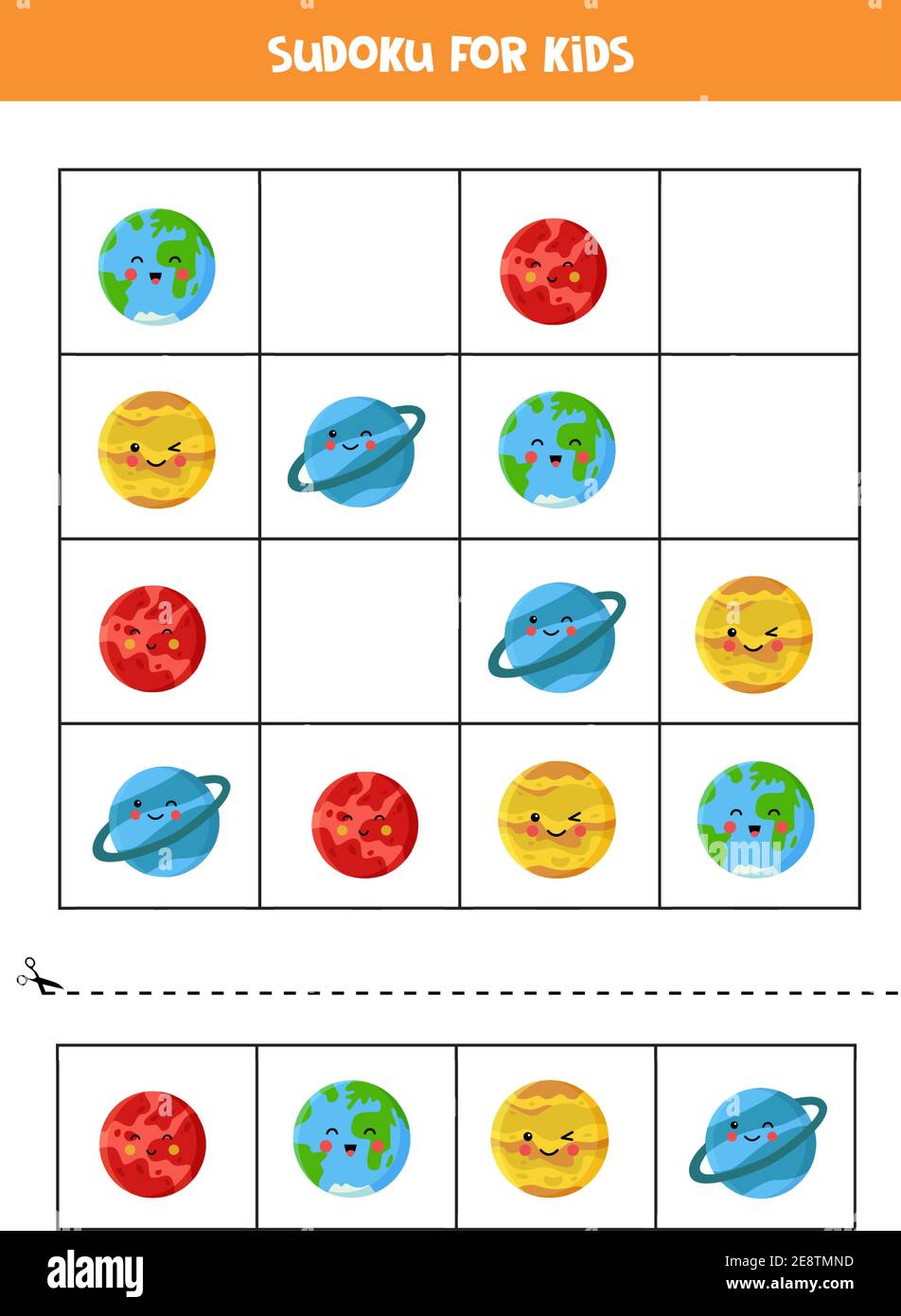 Space sudoku for preschool kids. Logical game with kawaii solar system ...
