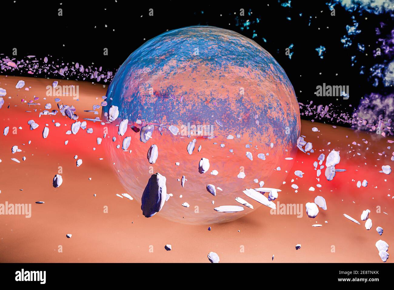 Fantasy planet in the nebula and asteroid ring. 3d rendering Stock ...