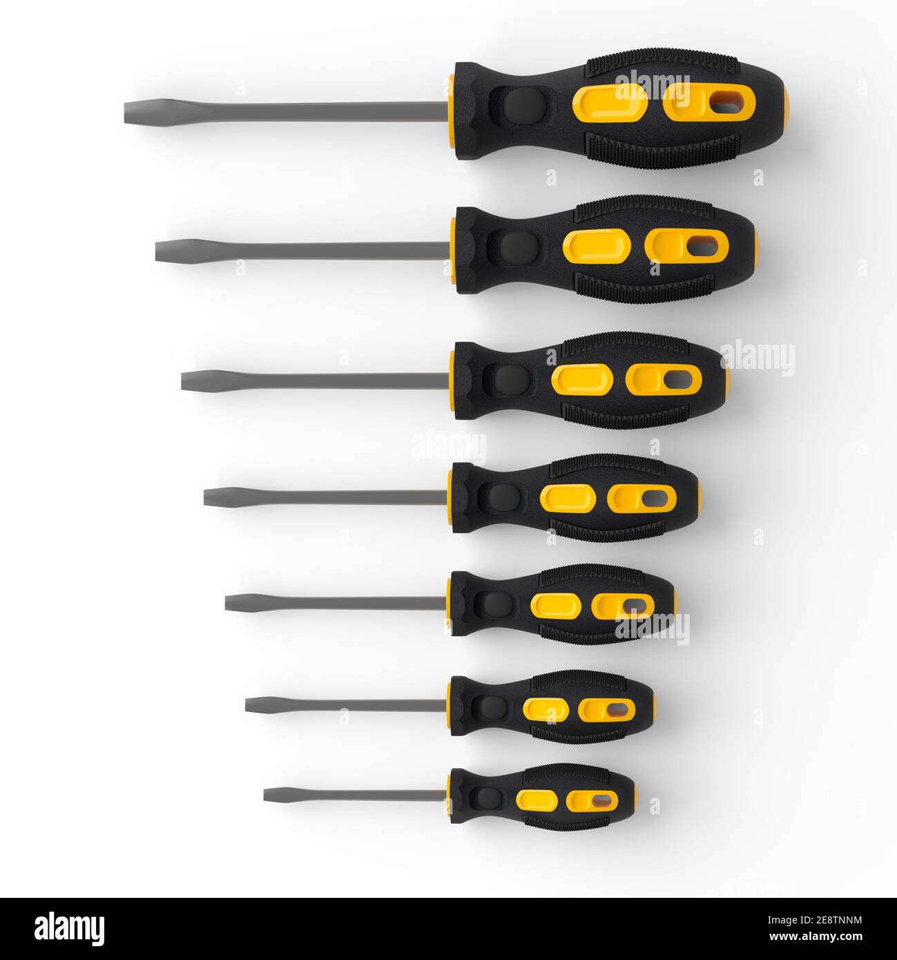 Set of black and yellow screwdriver on white background top view. 3d ...
