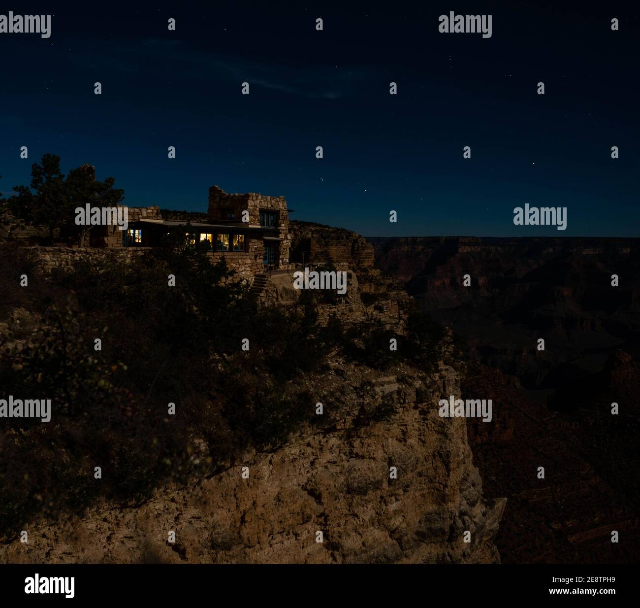 Moon lit Lookout Studio at night, Grand Canyon at night with moon and ...