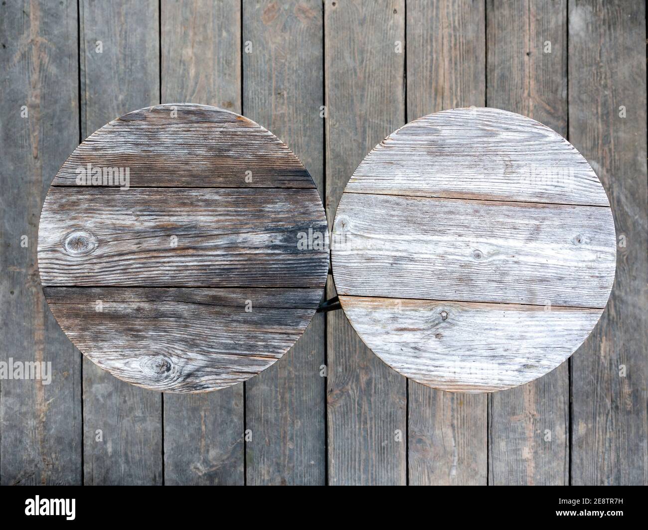 Round wooden table top. Two empty wood texture boards circle shape on ...