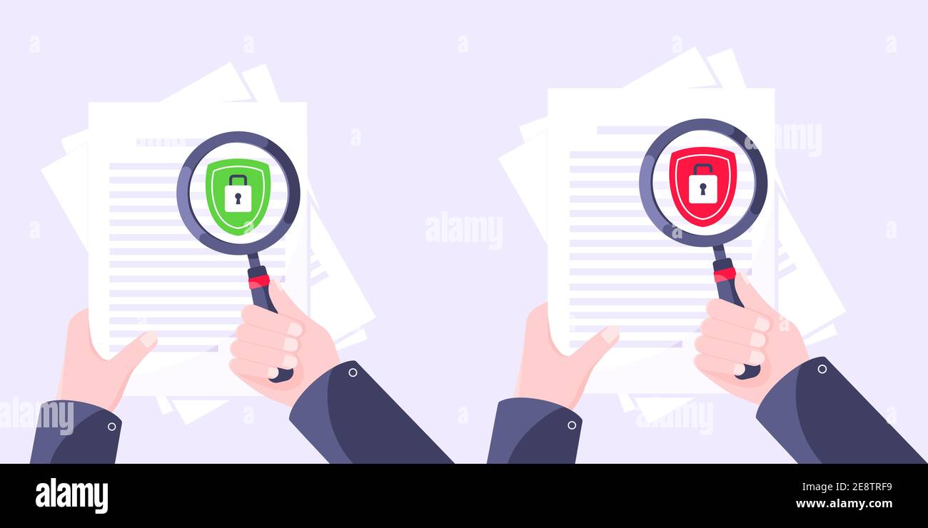 Privacy policy, safety lock and data protection metaphor set. Hand hold magnifier shield with ...