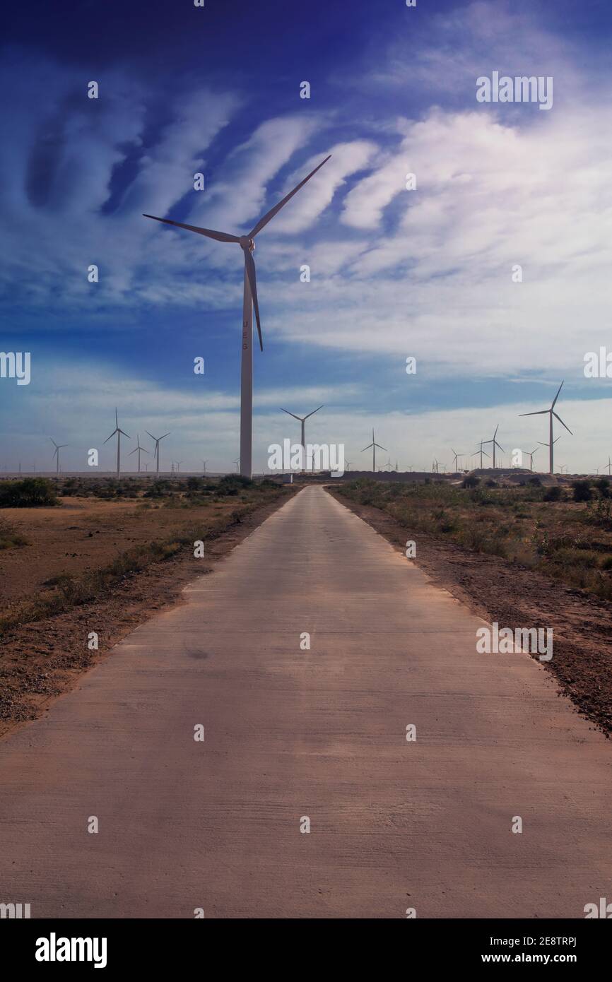 view of wind power plant. Vast turbine wind mills farm at jhimpir Stock ...