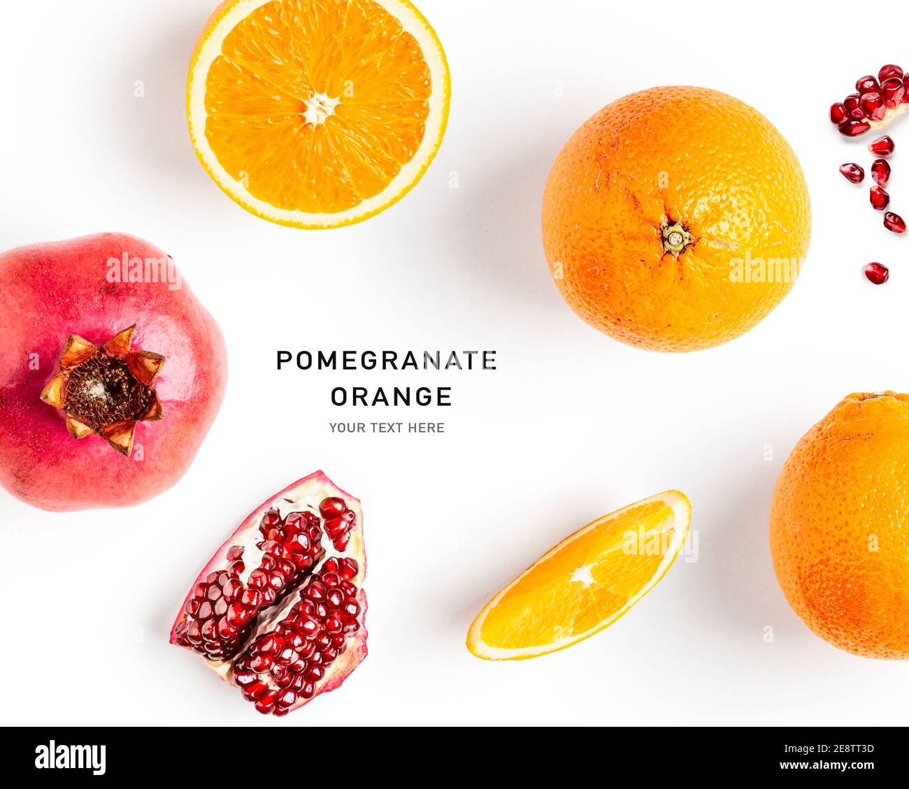 Orange citrus fruit and pomegranate creative layout isolated on white ...