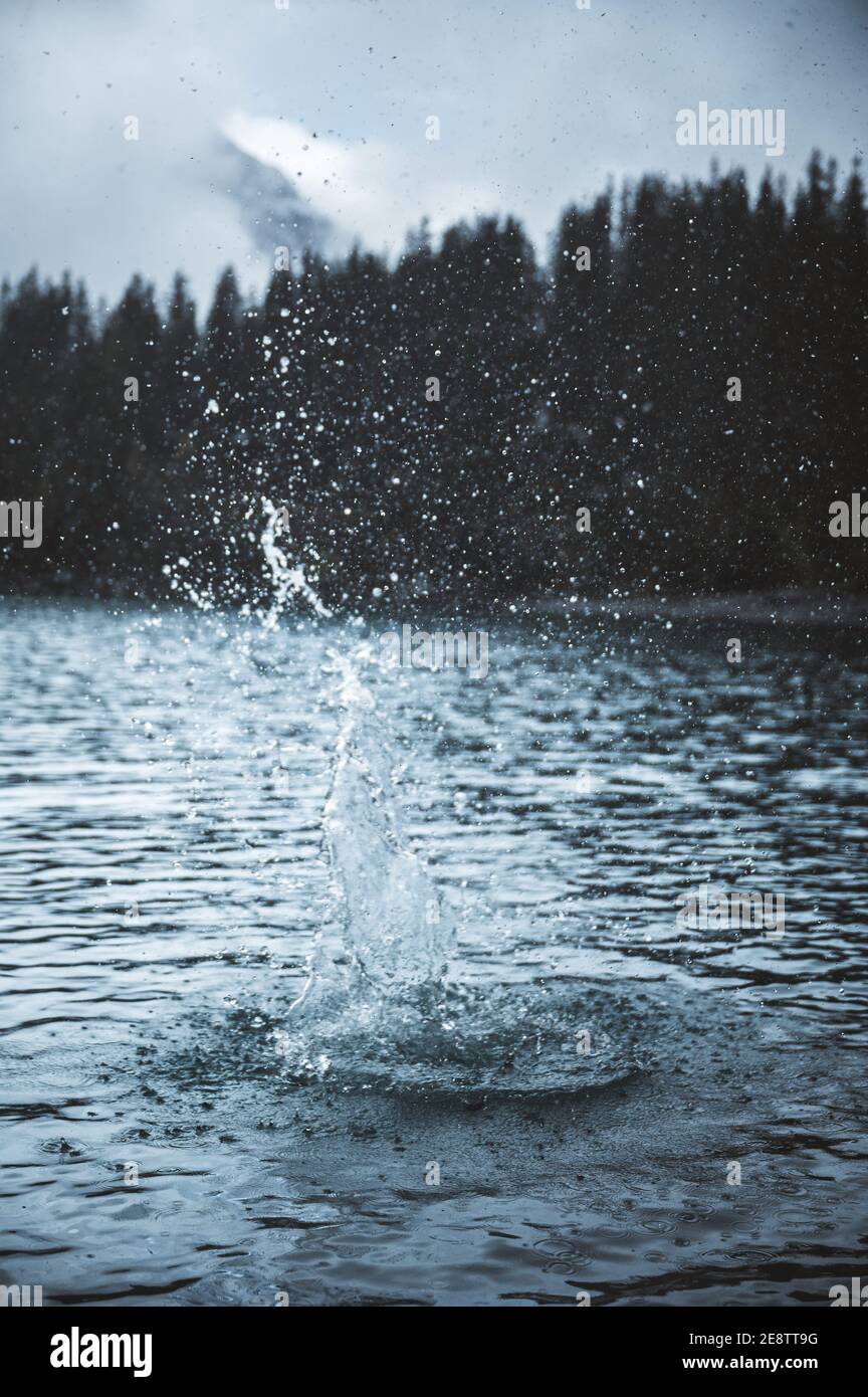 water splatter after throwing a rock into a mountain lake Stock Photo ...