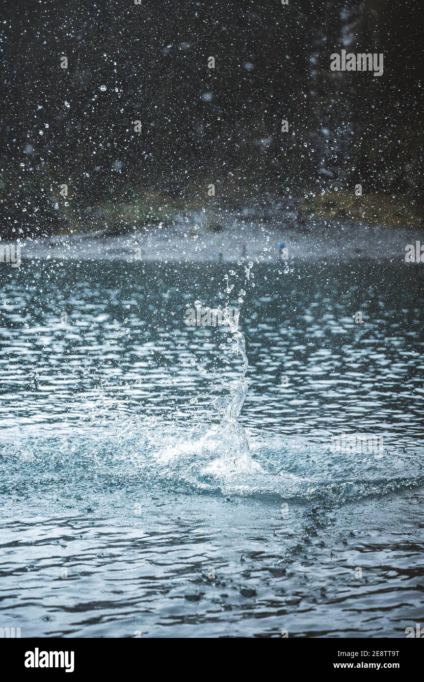 water splatter after throwing a rock into a mountain lake Stock Photo ...