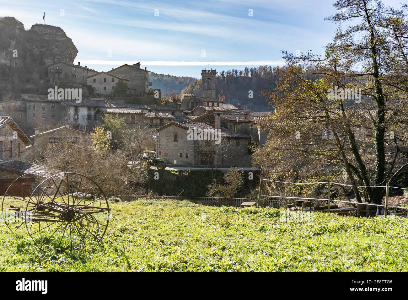Amazing view of the ancient medieval village of Rupit from a field with ...