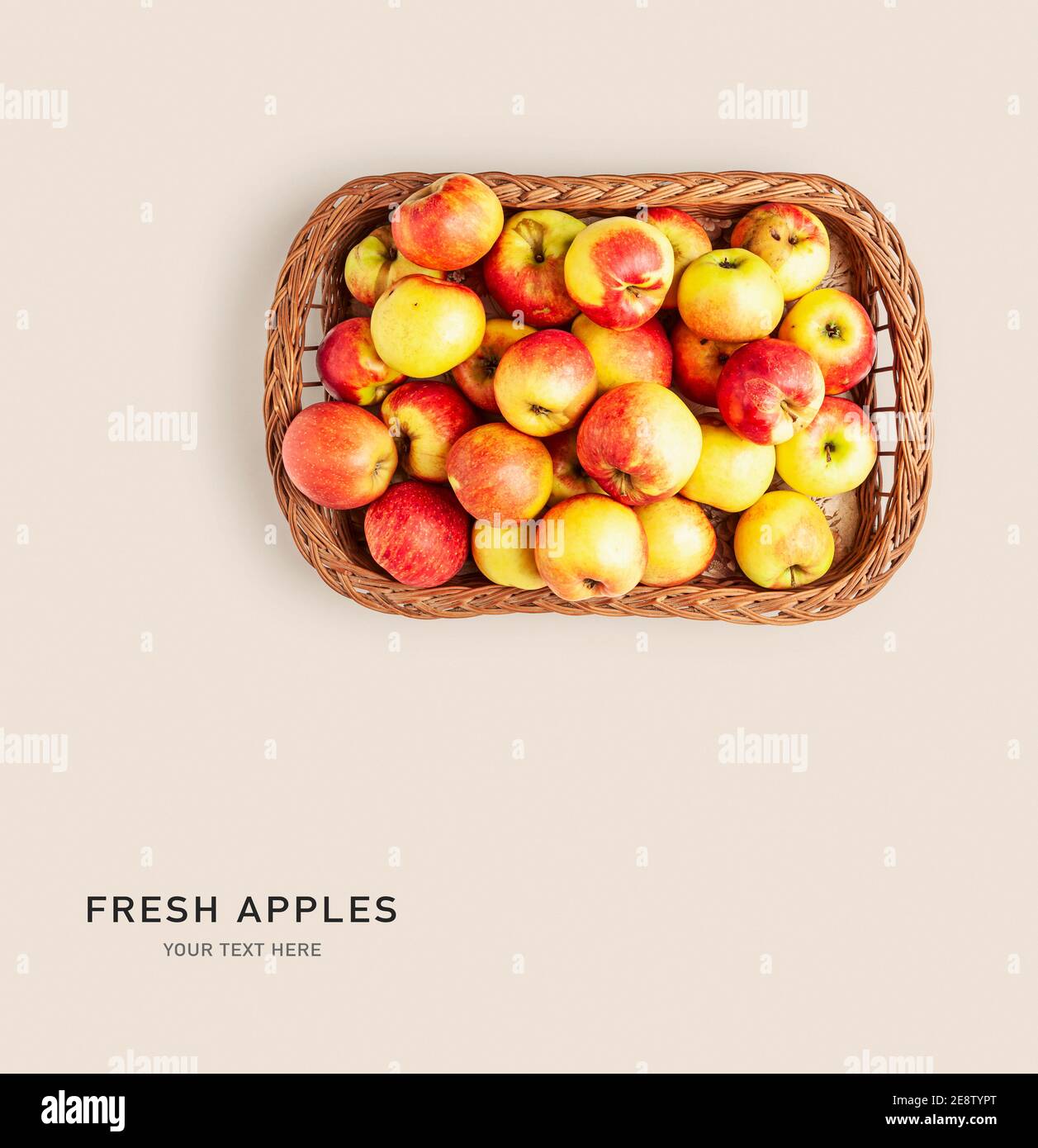 Fresh apples in basket, creative layout on bright background. Healthy ...