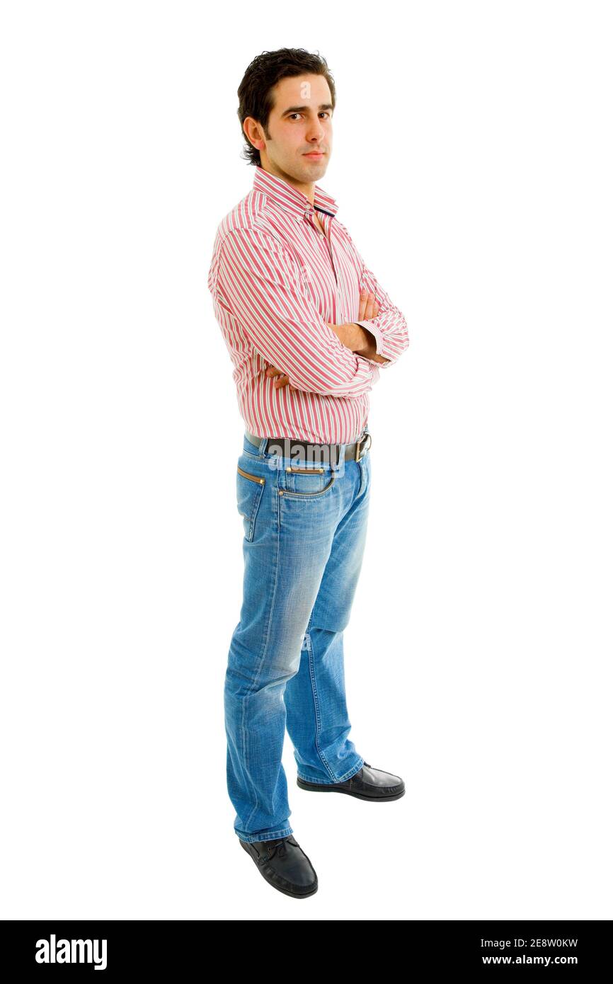 Happy smiling fashion latin man standing isolated on white background ...