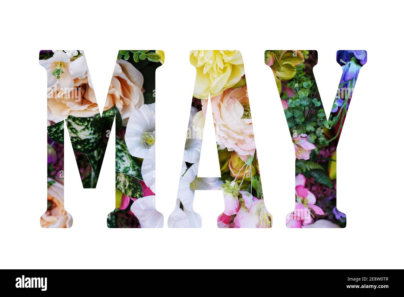 May floral lettering. Stylish text from pink flowers, isolated on white ...