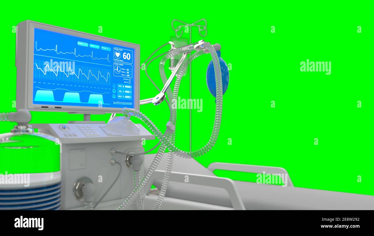healthcare 3d illustration, ICU lung ventilator with bed 3d renders ...