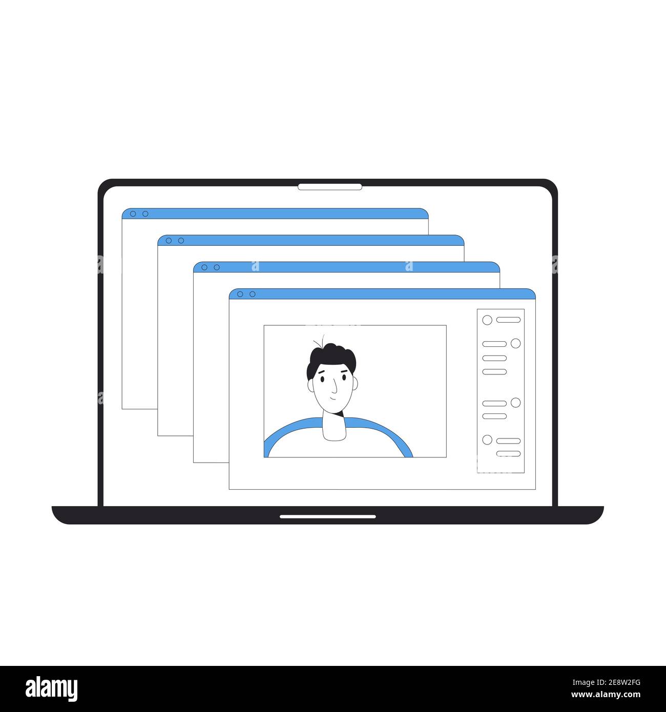 Online streaming. Young man portrait on laptop isolated on white ...