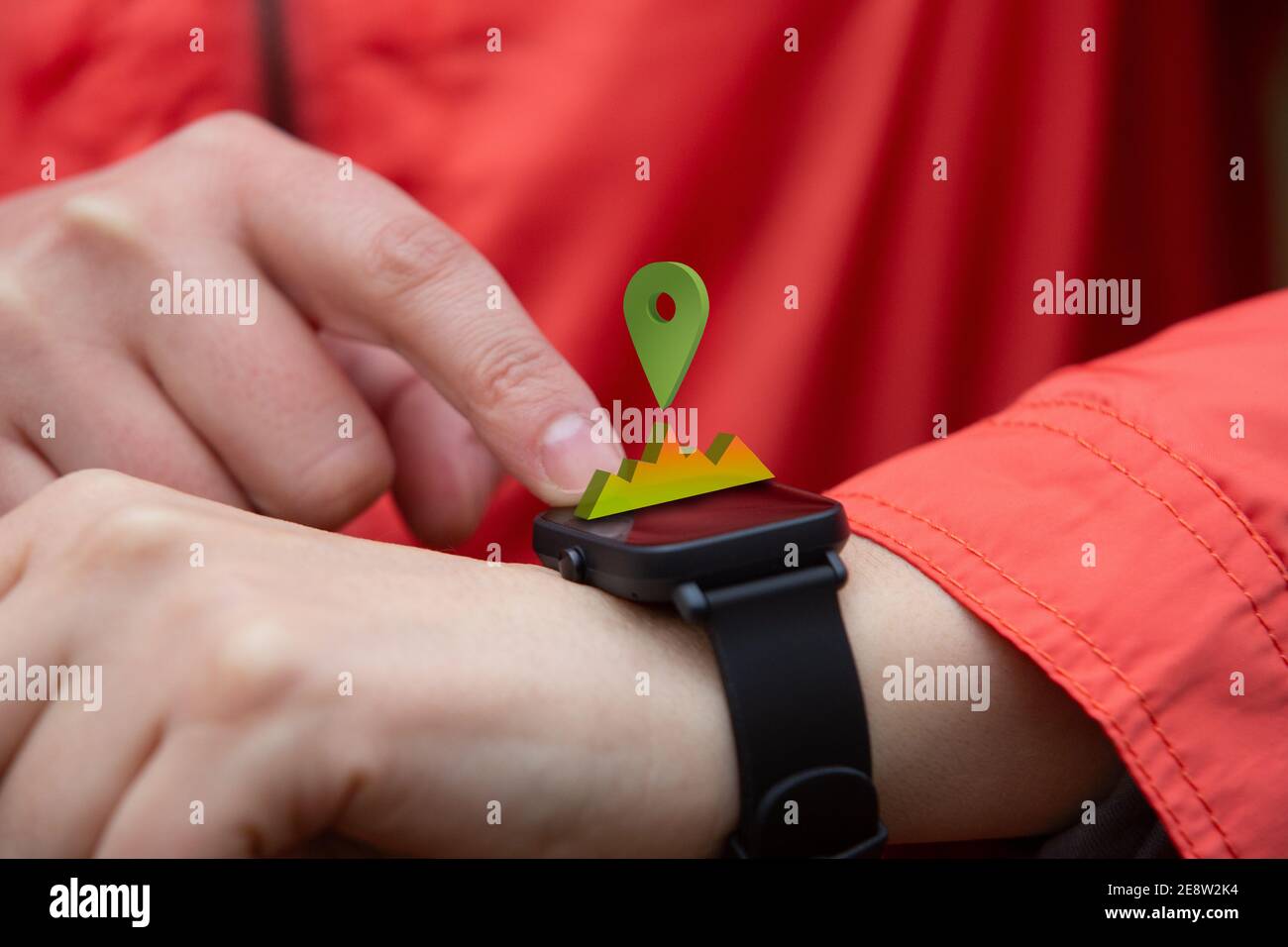 Close-up view of a person checking the route and their position on ...