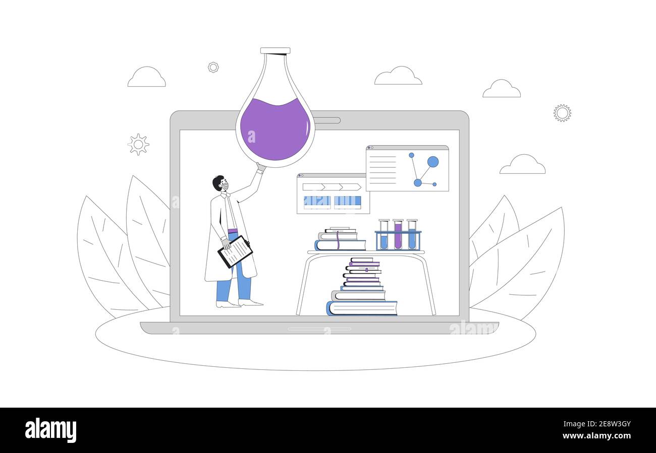 Online chemistry lesson. Digital learning. Young teacher shows the ...