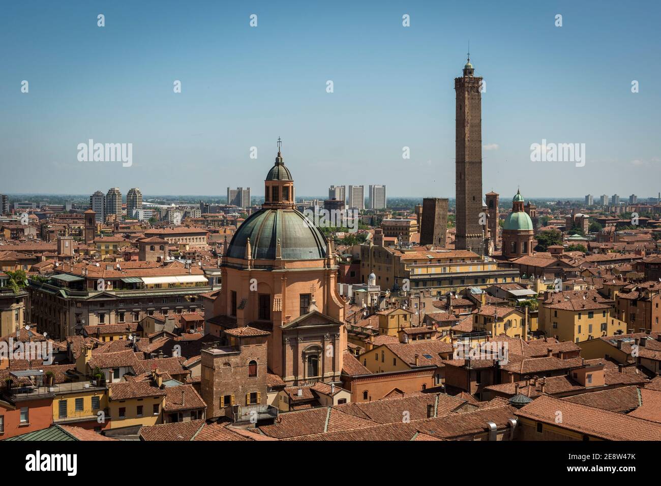 An aerial view of the old buildings of the city and rooftops of Bologna ...