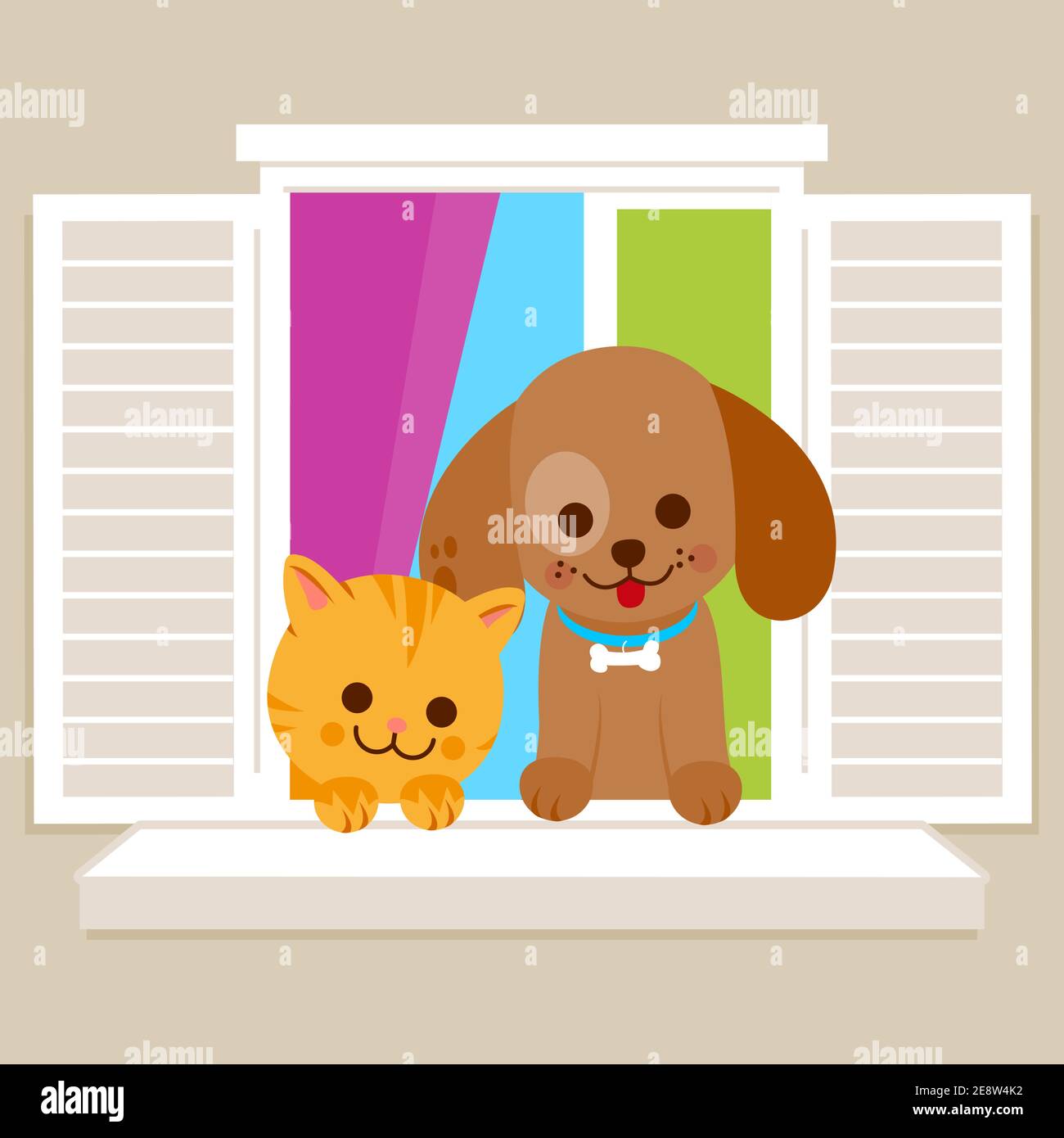 Cat and dog sitting at home on a window sill. Vector illustration Stock ...