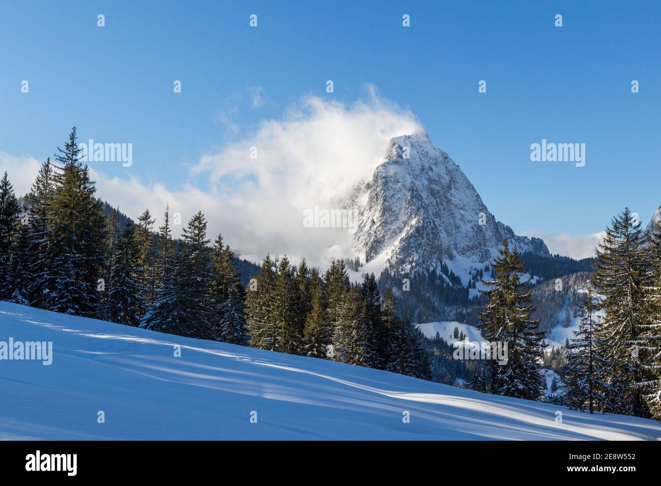 top of alpine Grosser Mythen mountain in Switzerland in winter with ...