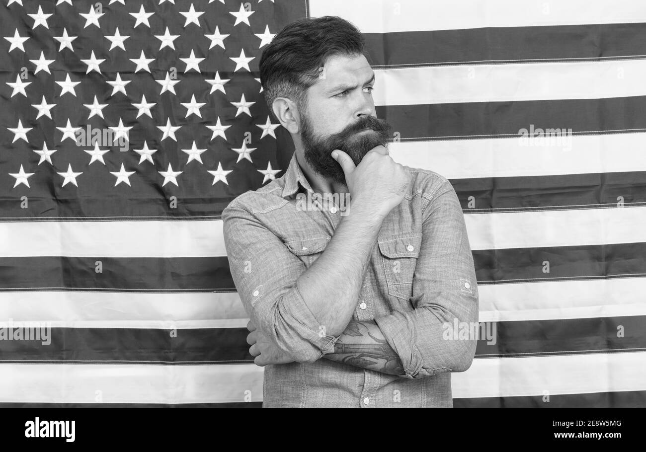Man well groomed hipster stylish appearance american flag background ...