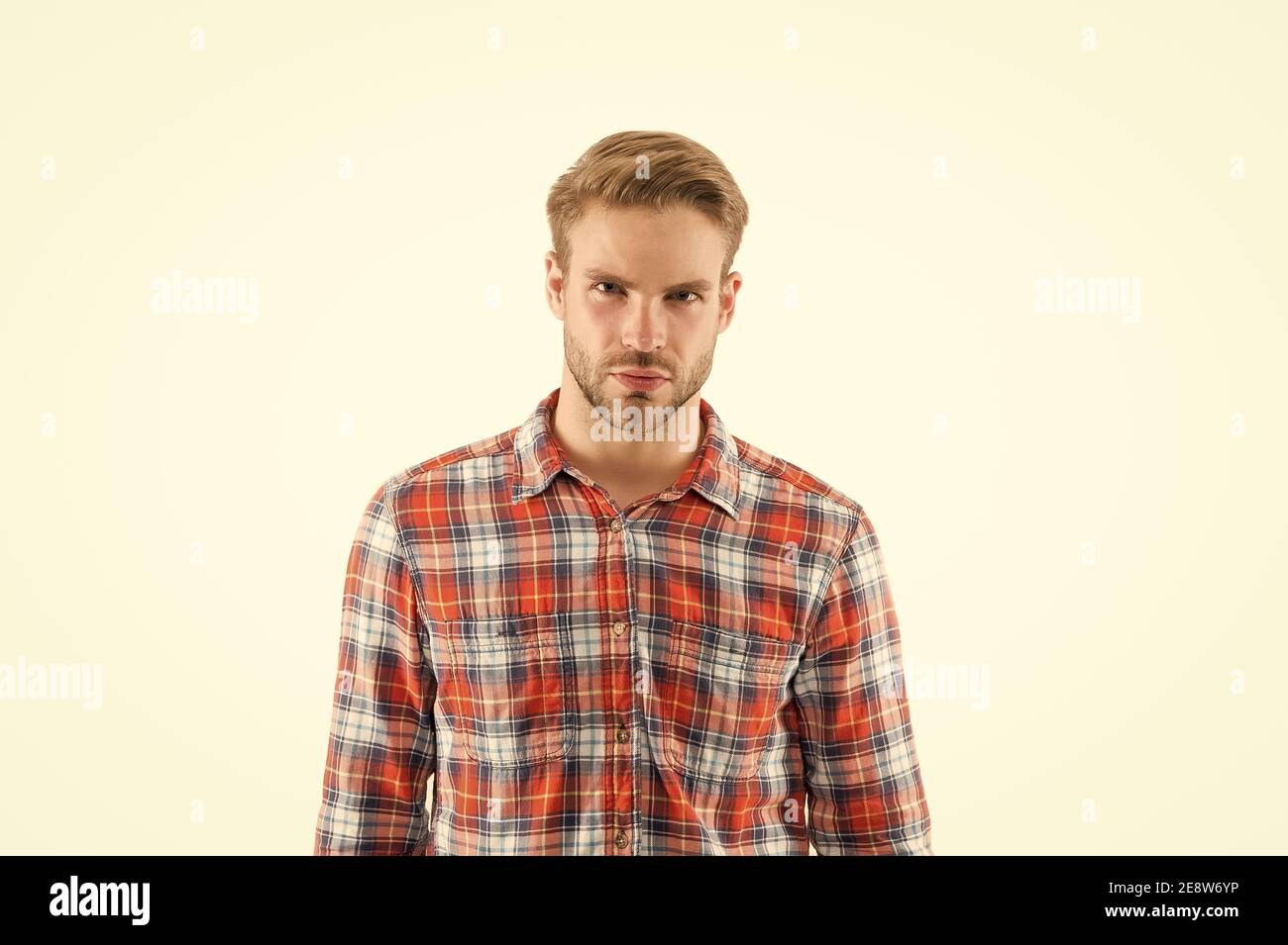 Fashion model. Checkered shirt always in trend. Handsome man with ...
