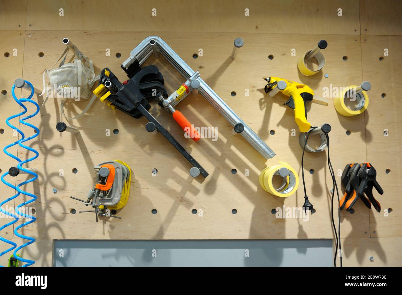 Woodworking tools placed on a stand, workshop Stock Photo - Alamy